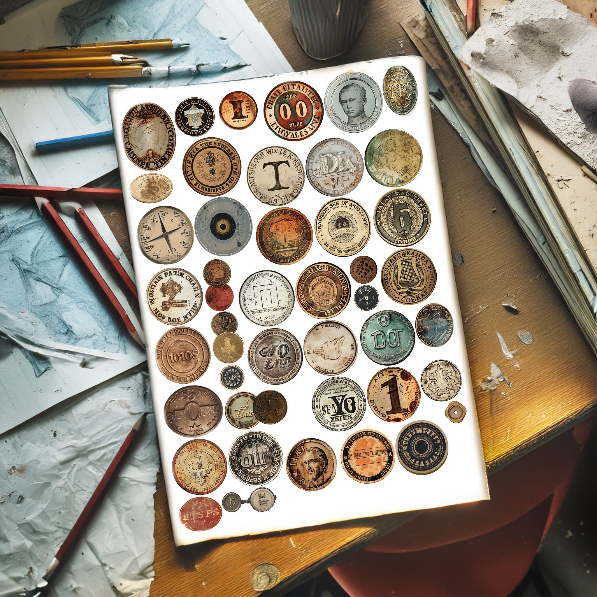 220 Vintage Round Stickers Antique Digital Ephemera Mixed Media ...