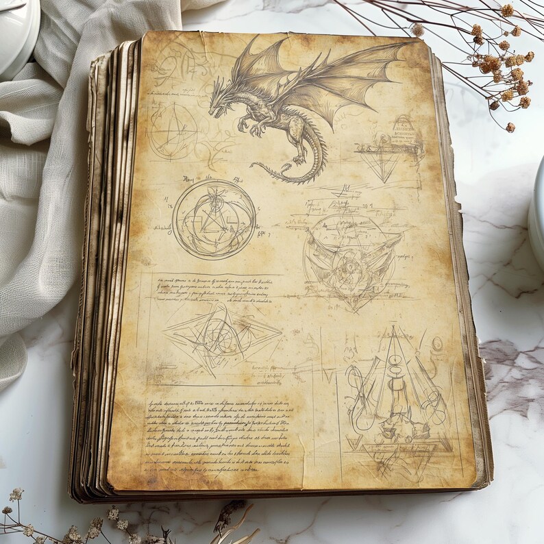 Vintage Dragon Sketch Journal Page Antique Alchemy Anatomy Drawing ...