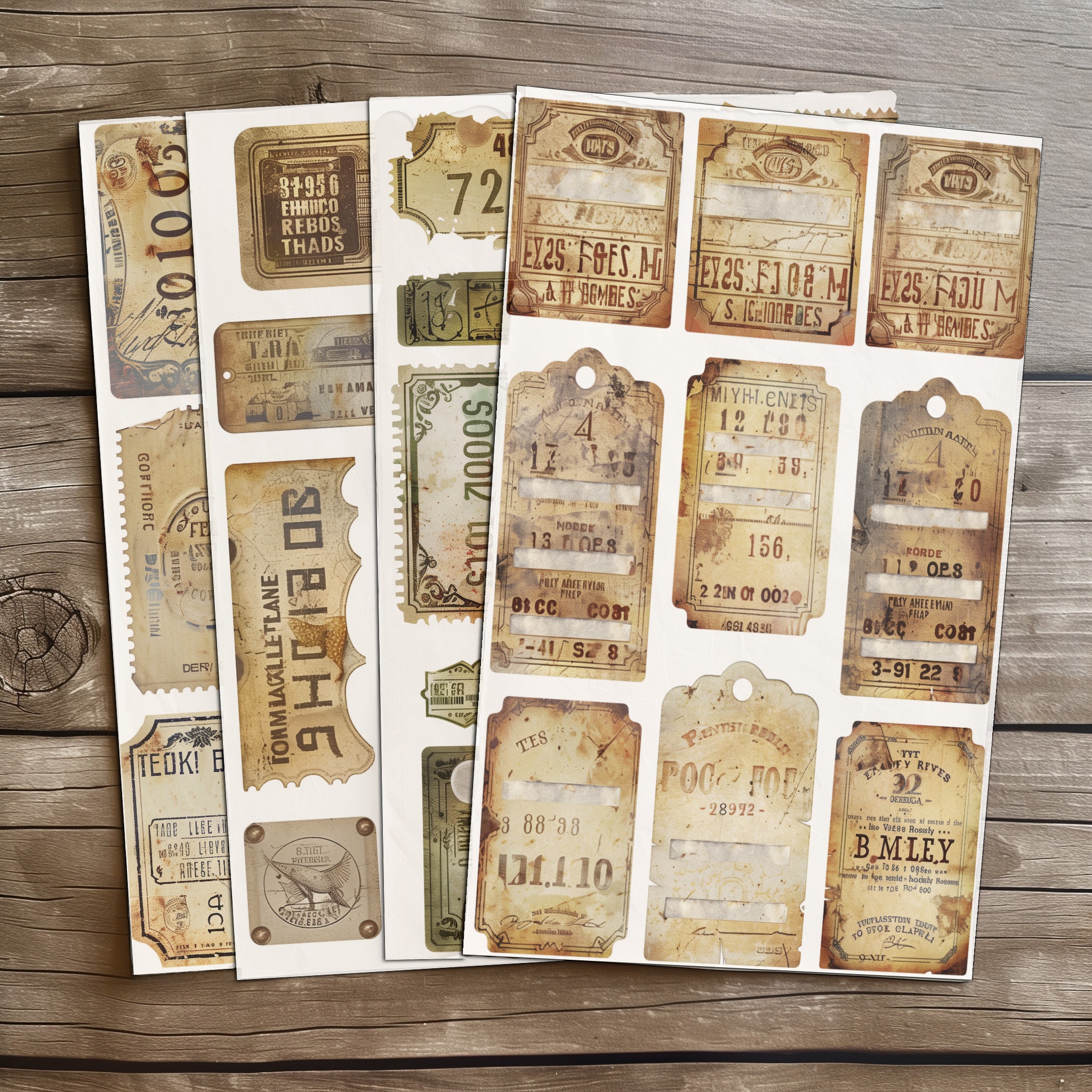 4 Distressed Industrial Tags Label Pages Vintage Numbered Ephemera Set ...