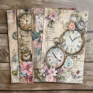 4 Vintage Clocks and Florals Junk Journal Pages Digital Kit ...
