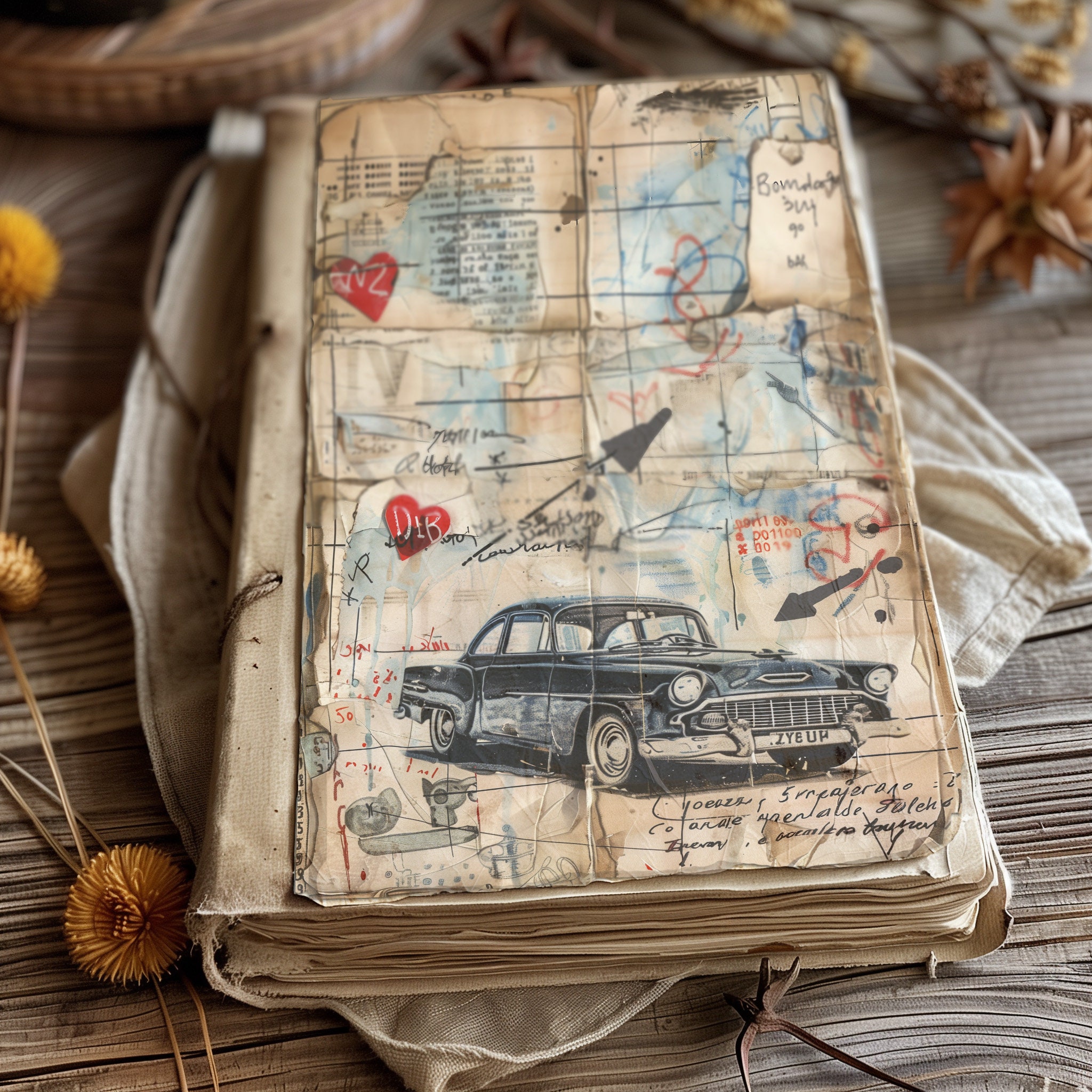 4 Vintage Car Mixed Media Collage Pages Digital Download Artistic Junk ...