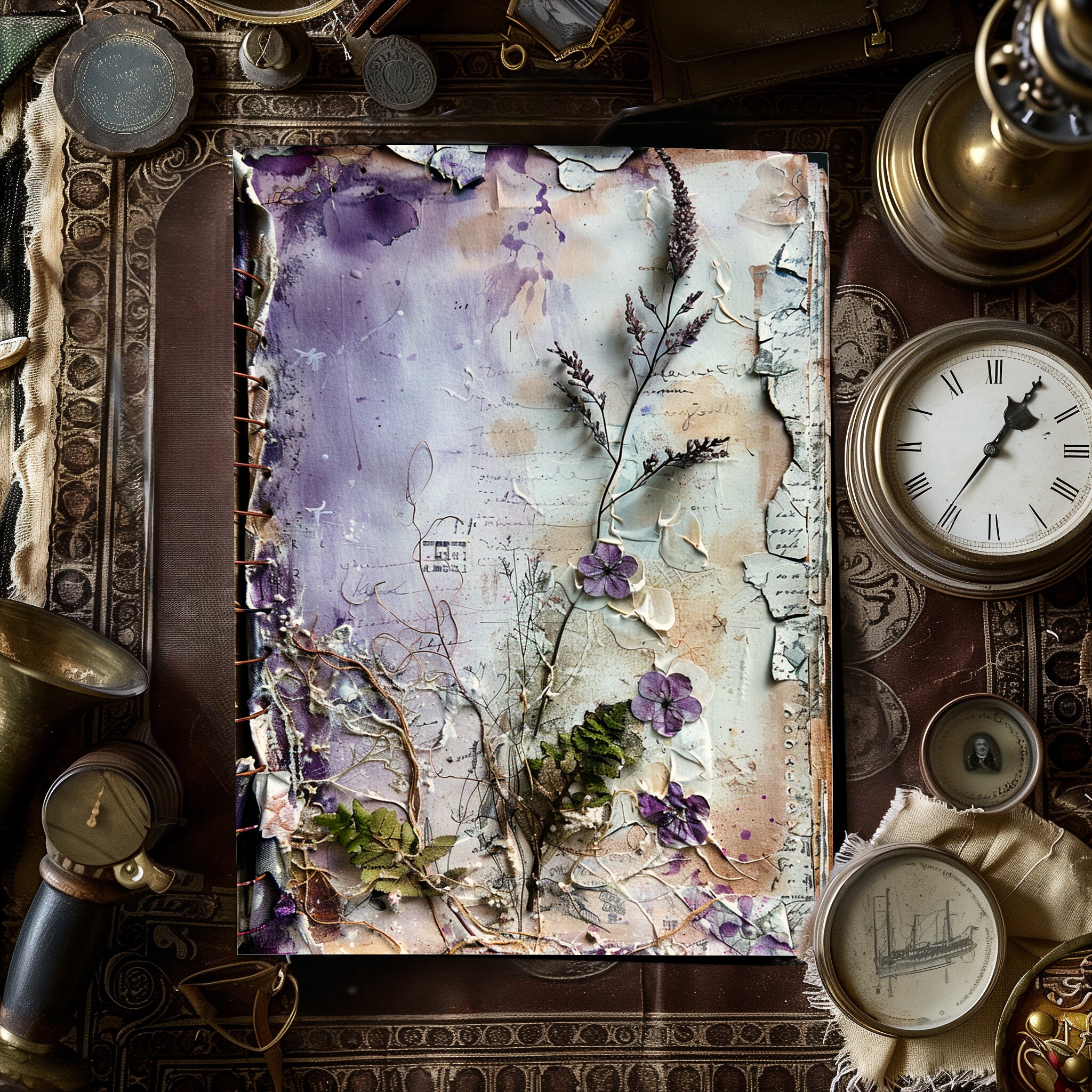4 Vintage Botanical Pages Junk Journal Digital Kit Unique Rustic Purple ...