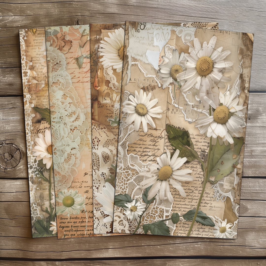 4 Vintage Daisy Delights Rustic Elegance Digital Print Set for Craft ...