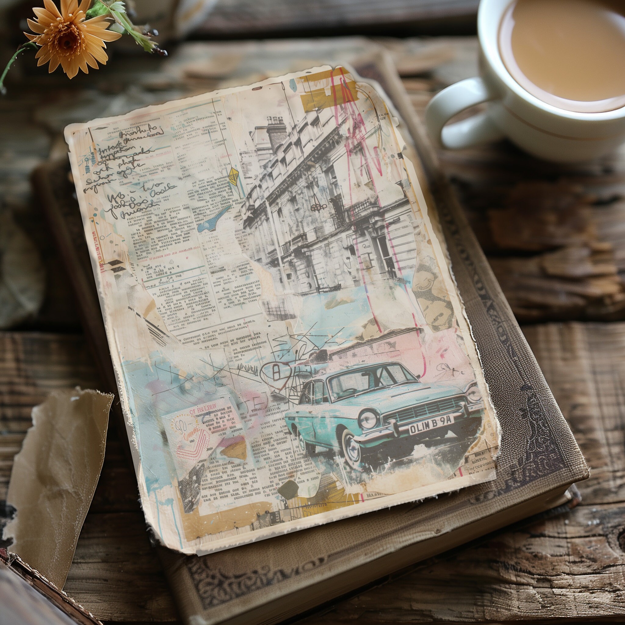 4 Vintage Car Mixed Media Collage Pages Digital Download Artistic Junk ...