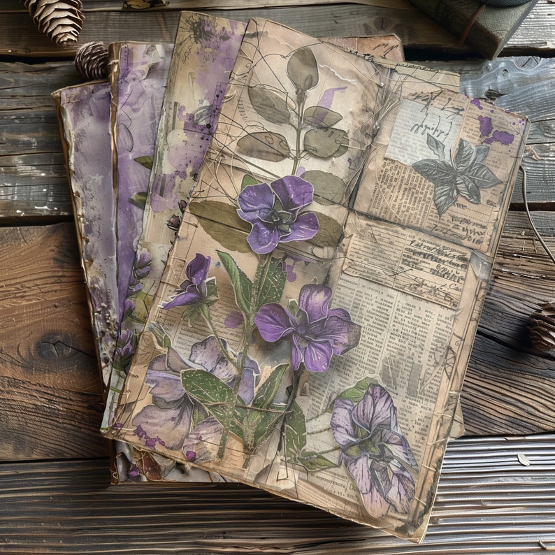 4 Vintage Floral Junk Journal Pages Digital Kit Scrapbooking Botanical ...