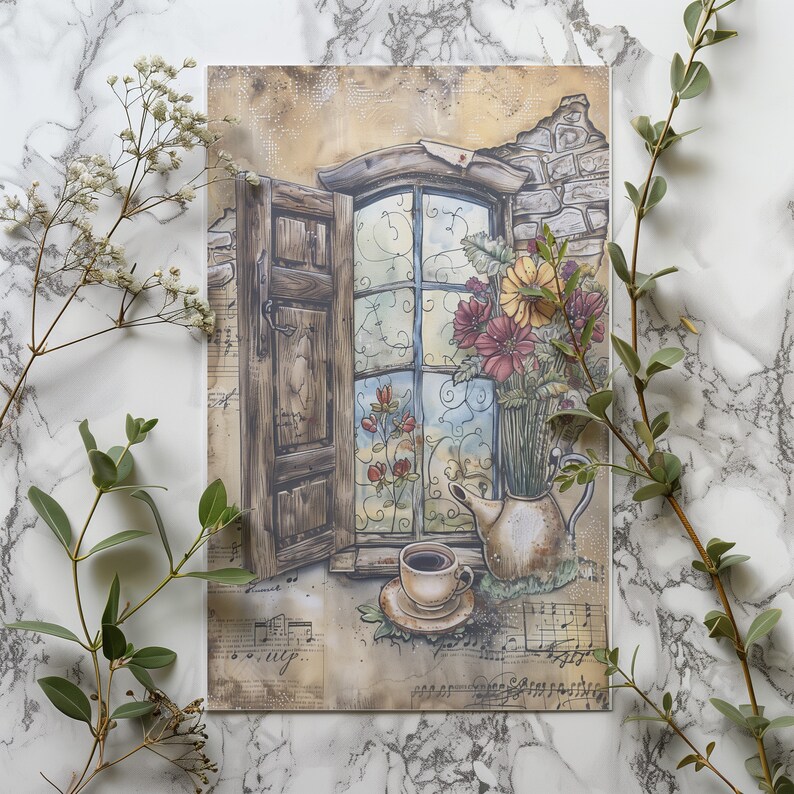 4 Cottage Charm Digital Artworks Floral Window Scene Relaxing Retreat ...