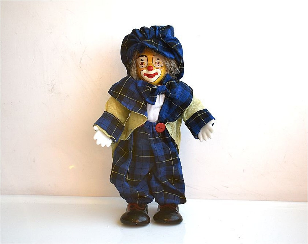 Vintage 8" Clown Doll Collectible Porcelain Ceramic Face Blue Yellow ...