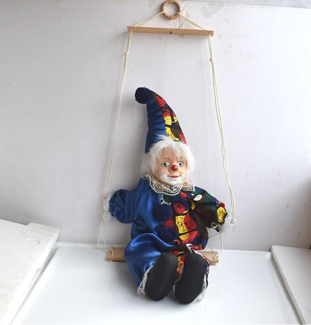 Vintage 23 Large Clown Swing Hand Painted Porcelain Face String Puppet Clown Marionette Doll ...
