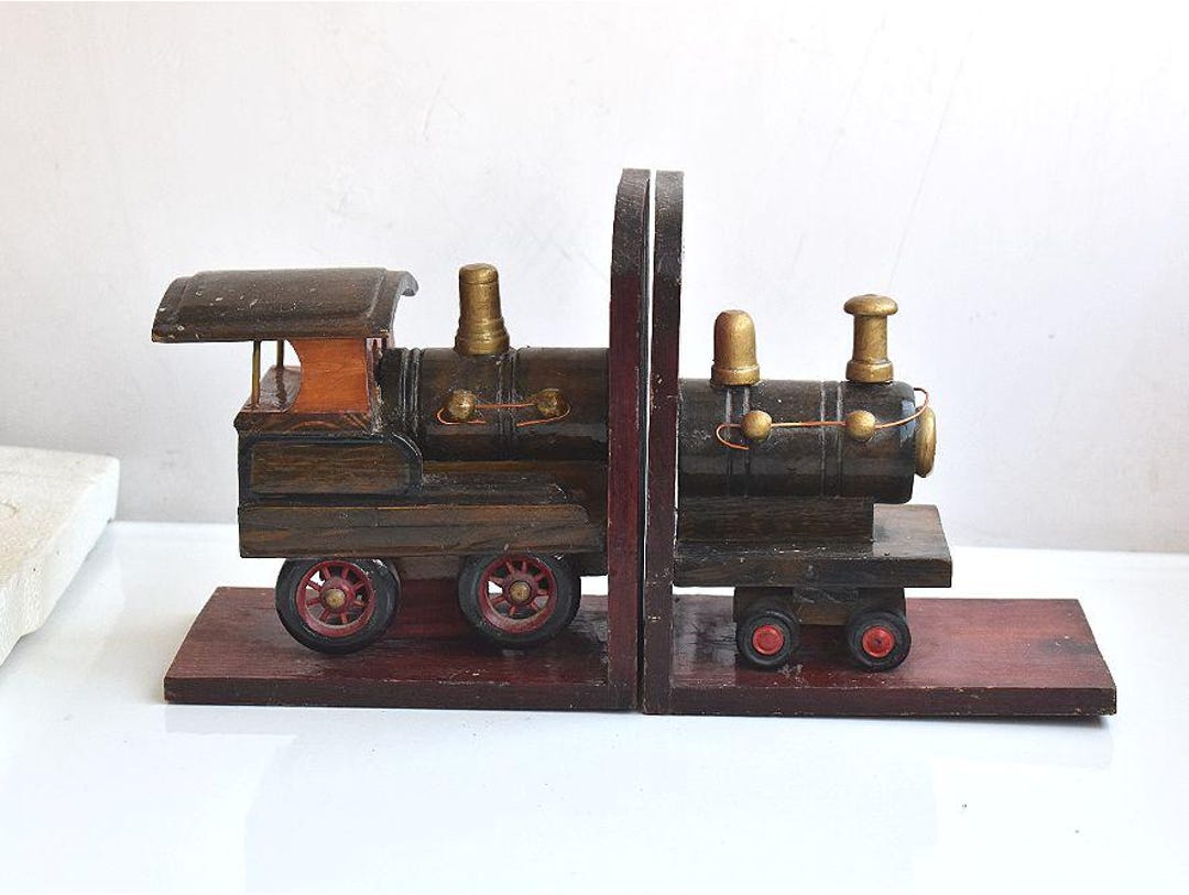 Vintage Set of 2 Wood Locomotive Train Bookend Book End Kids Toy ...