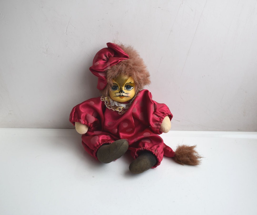 Vintage 9 "boneca palhaço gato carnaval boneca rosa bolinhas traje ...