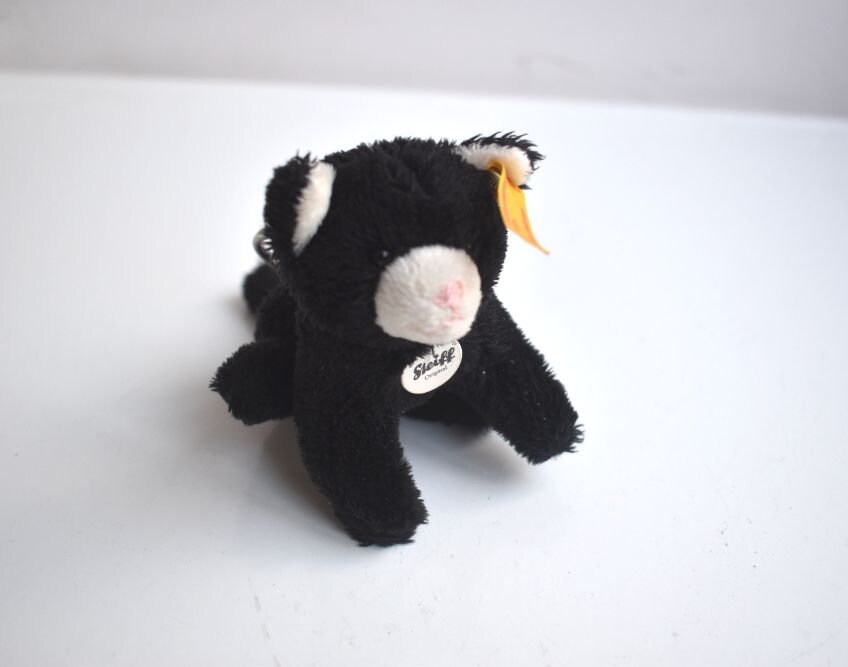 Cute STEIFF 112072 Black Cat Kitten Keychain Plush Stuffed Soft Toy Key ...