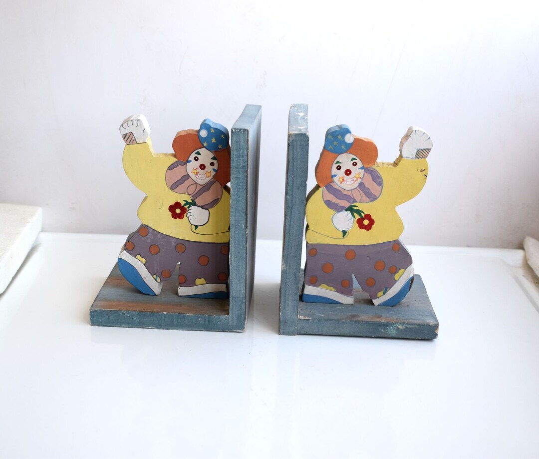 Vintage Shudehill Giftware Set of 2 Wood Clown Jester Bookend Book End ...