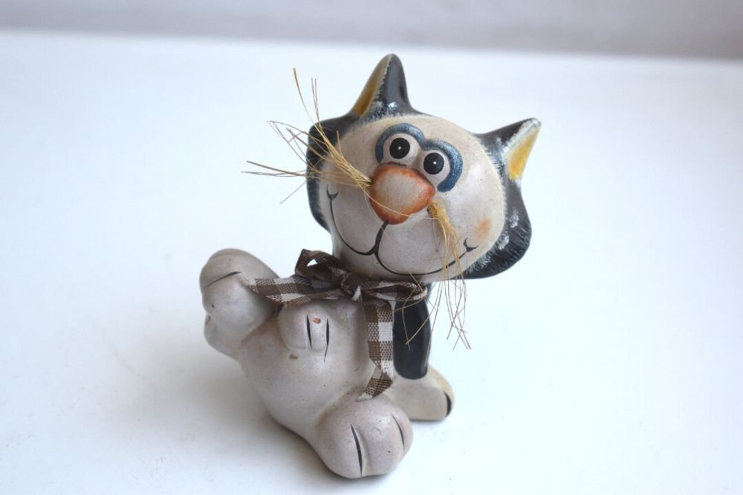 Vintage Cute Cat Clay Figurine Ceramic Animal Small Statue Kids Toy ...
