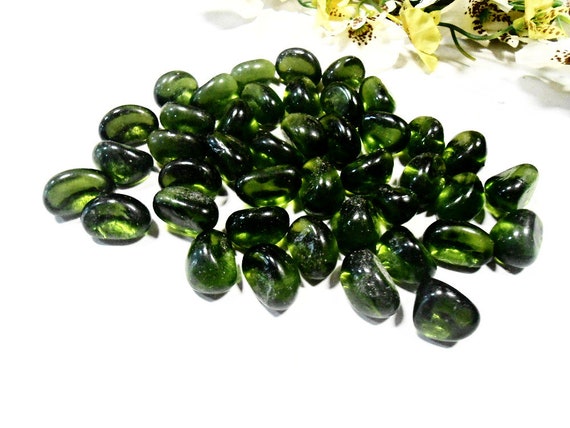 35 Glass Stained Pebble Crystal Dark Olive Green Polished | Etsy