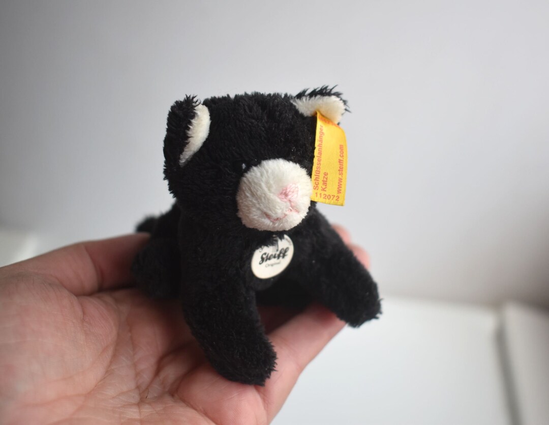 Cute STEIFF 112072 Black Cat Kitten Keychain Plush Stuffed Soft Toy Key ...
