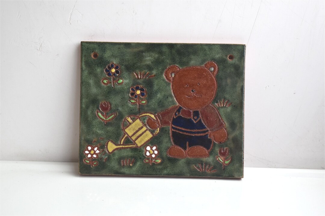 Vintage Teddy Bear Wall Picture Plaque Panel Ceramic Tile Clay Hand ...