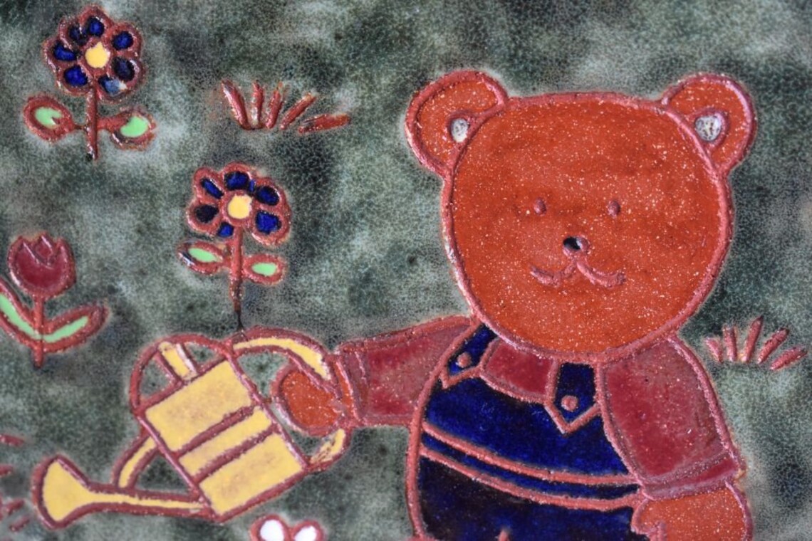 Vintage Teddy Bear Wall Picture Plaque Panel Ceramic Tile Clay Hand ...