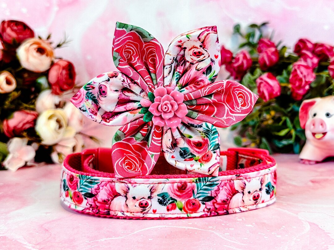 Piggy Dog Collar With Flower/ Rose Flower Dog Collar/ Floral Pig Dog ...