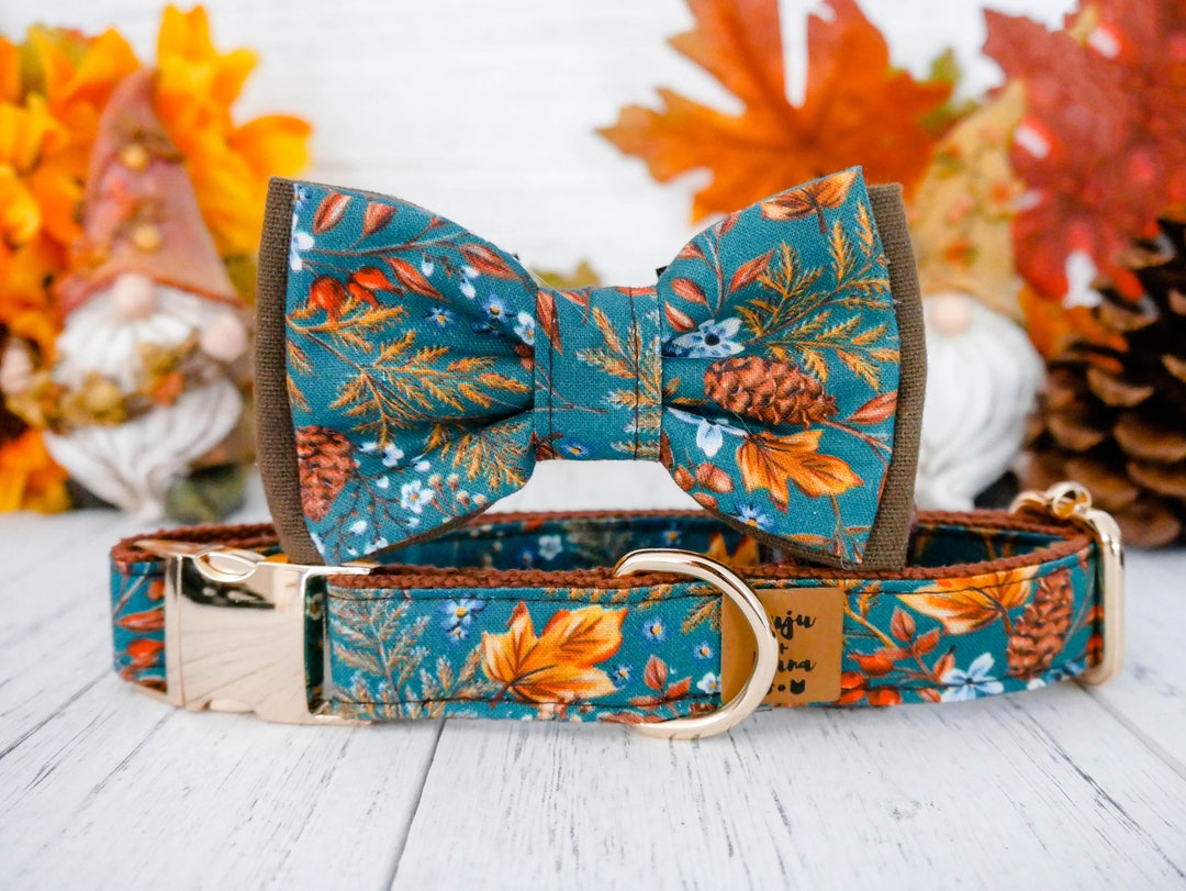 Autumn Leaves Dog Collar Bow Tie/ Thanksgiving Boy Dog Collar/ Pine ...