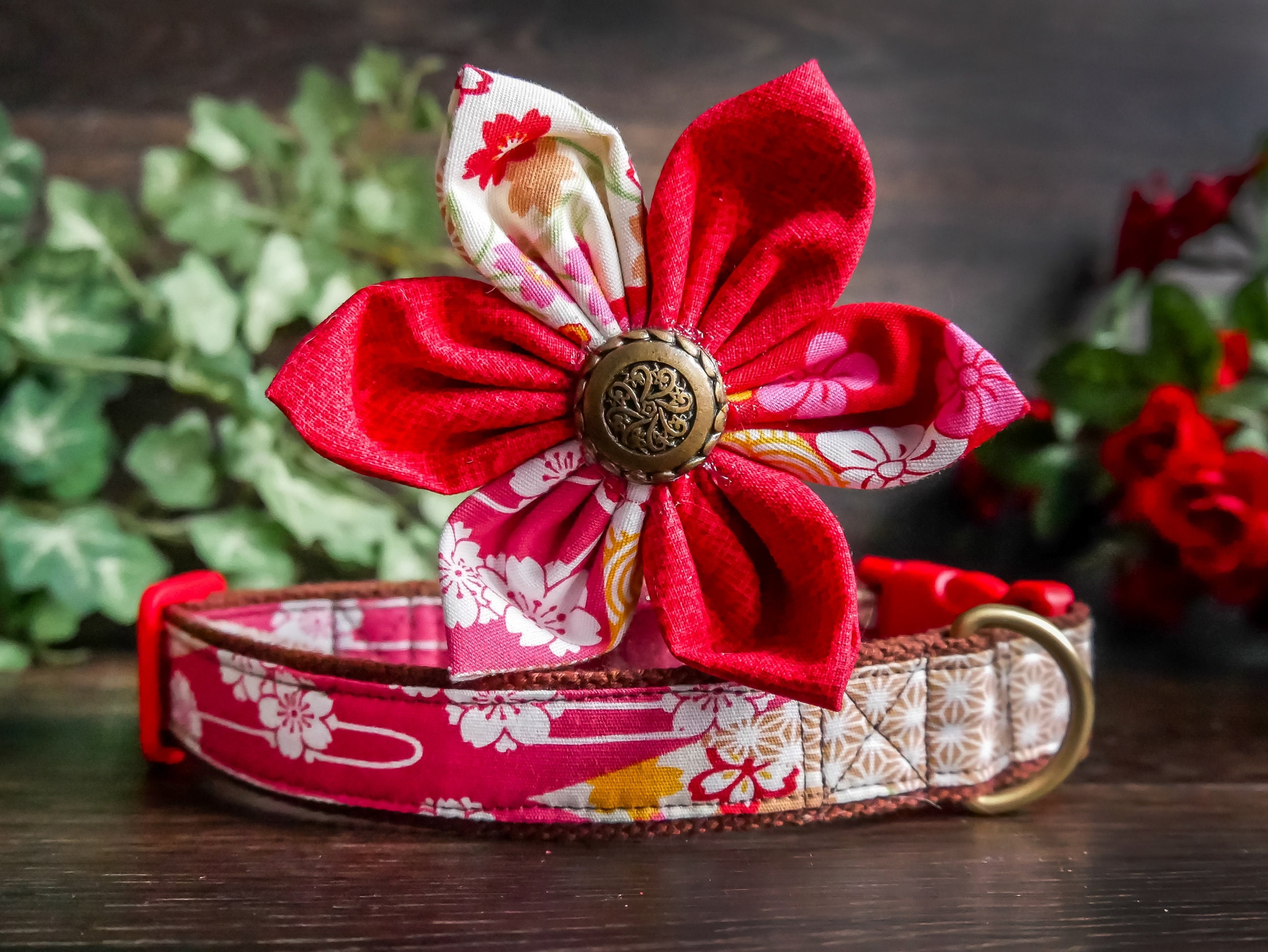 Girl dog collar/ Flower dog collar/ Red female dog collar/ | Etsy