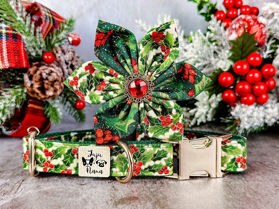 Christmas Holly Berry Dog Collar Flower/ Glitter Floral Dog Collar ...