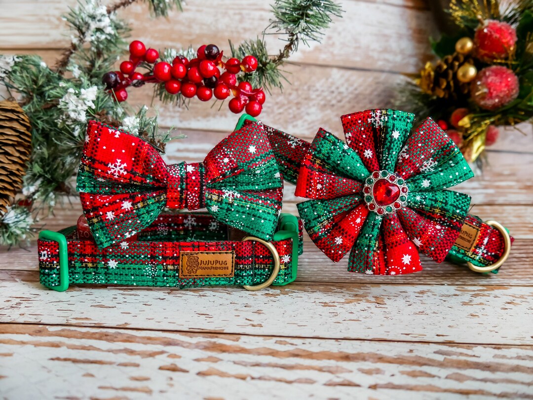 Christmas Dog Collar Flower, Plaid Tartan Dog Collar, Christmas Dog Bow ...