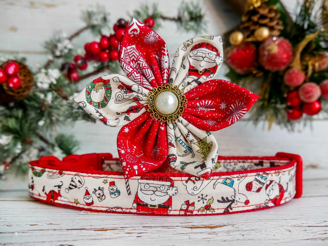 Christmas Dog Collar, Christmas Dog Flower, White Red Santa Dog Collar ...