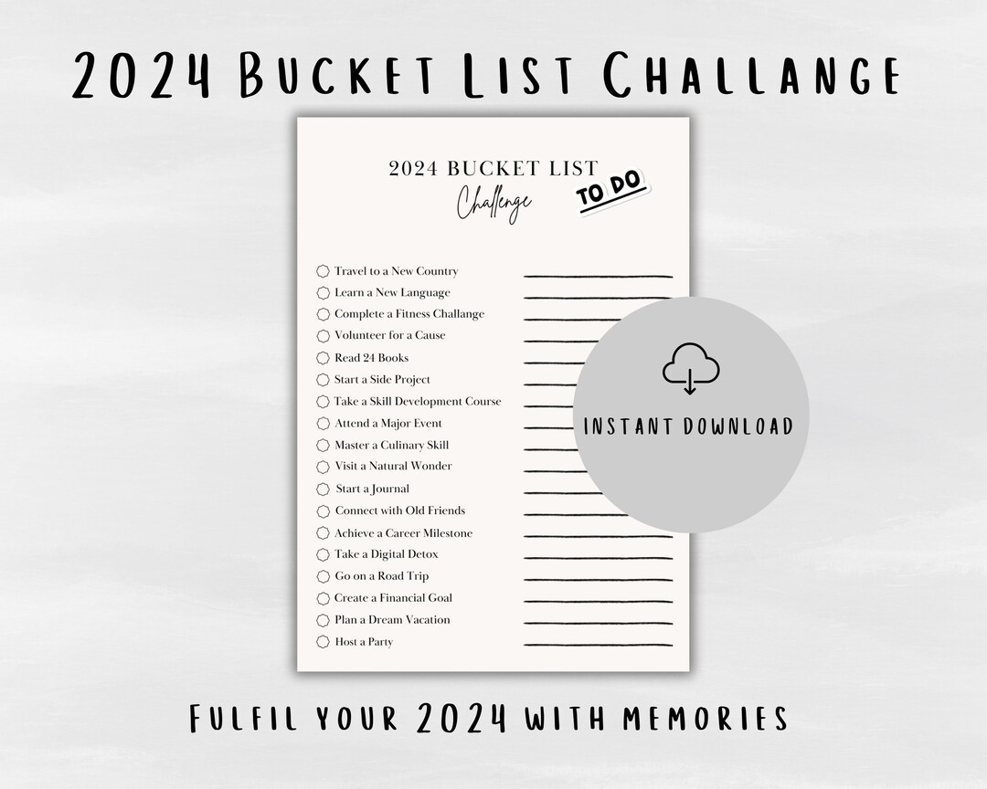 2024 Bucket List Challenge Printable | 2024 Resolution Digital Tracker Minimalistic | Yearly to ...