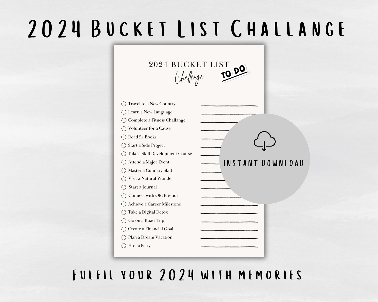2024 Bucket List Challenge Printable | 2024 Resolution Digital Tracker ...