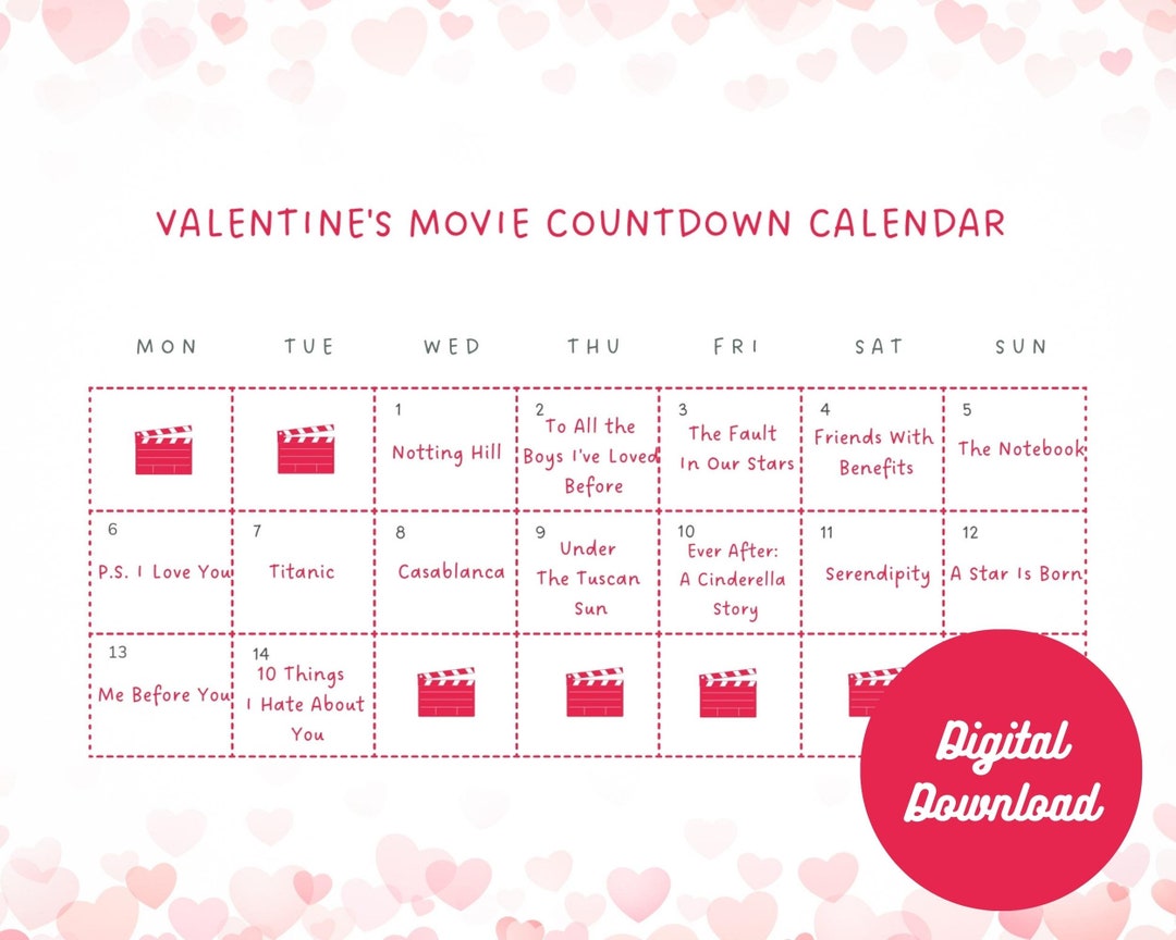 Valentine's Movie Countdown Calendar Printable Valentine's February ...