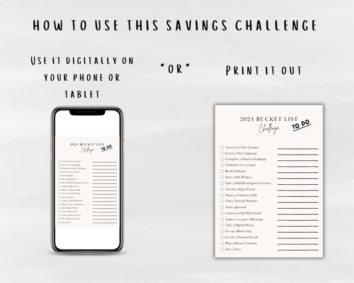 2024 Bucket List Challenge Printable 2024 Resolution Digital Tracker ...