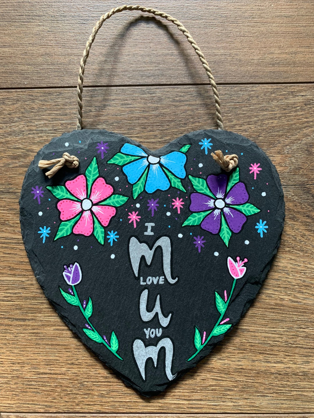 Hand Painted Floral Slate Heart - I Love You Mum - Hanging Wall Decor ...