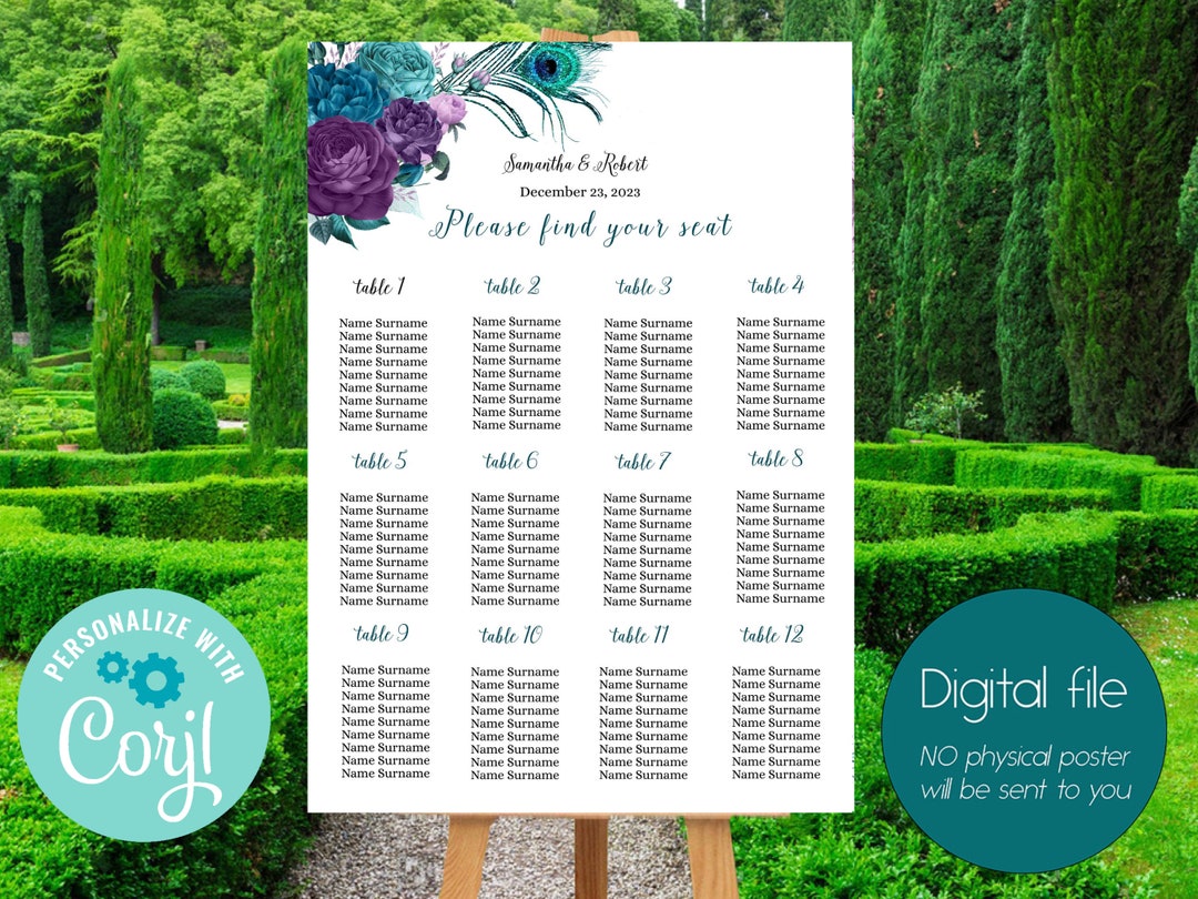 Seating Chart Template, Peacock Teal Purple Sign, Editable Seating ...