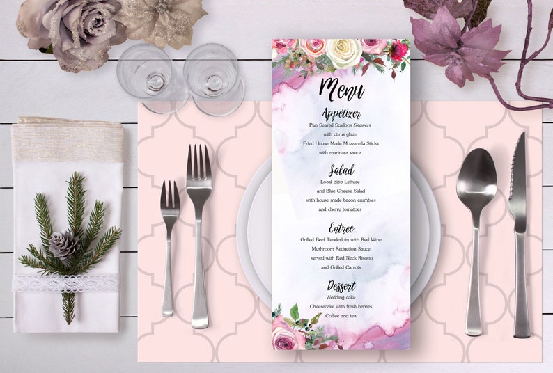 Floral Wedding Menu Blush Pink Watercolor Roses Digital | Etsy