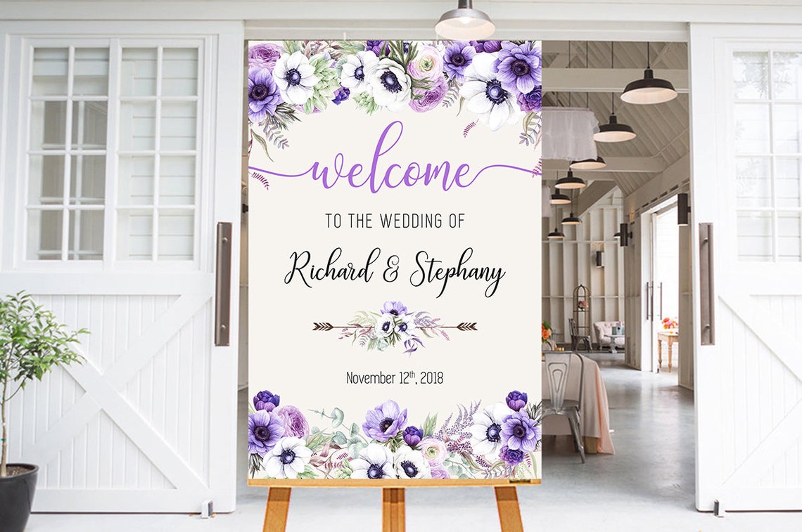Wedding Welcome Sign Purple White Lavender Anemone | Etsy