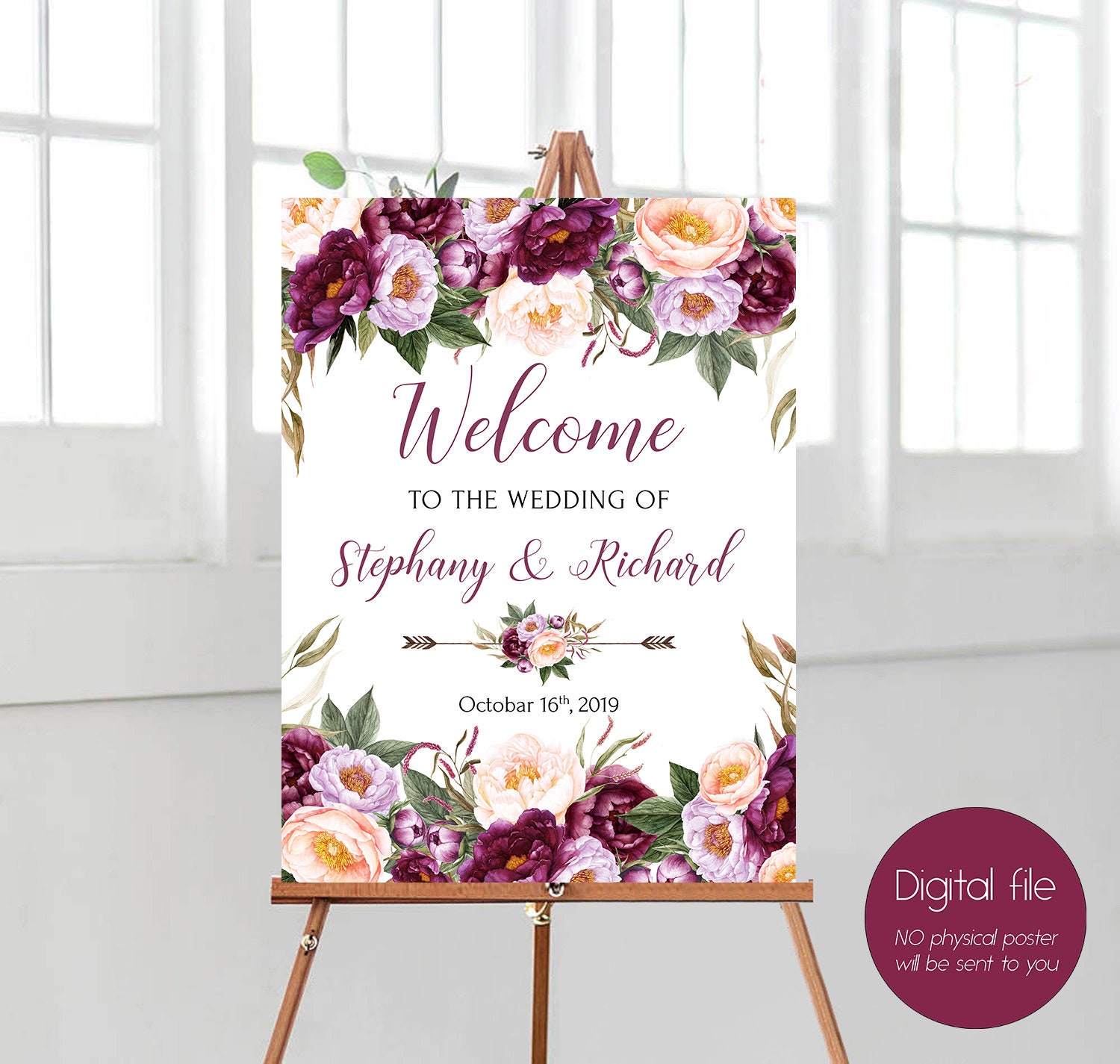 Welcome Wedding Signpurple Violet Peach Boho Peonies Welcome | Etsy