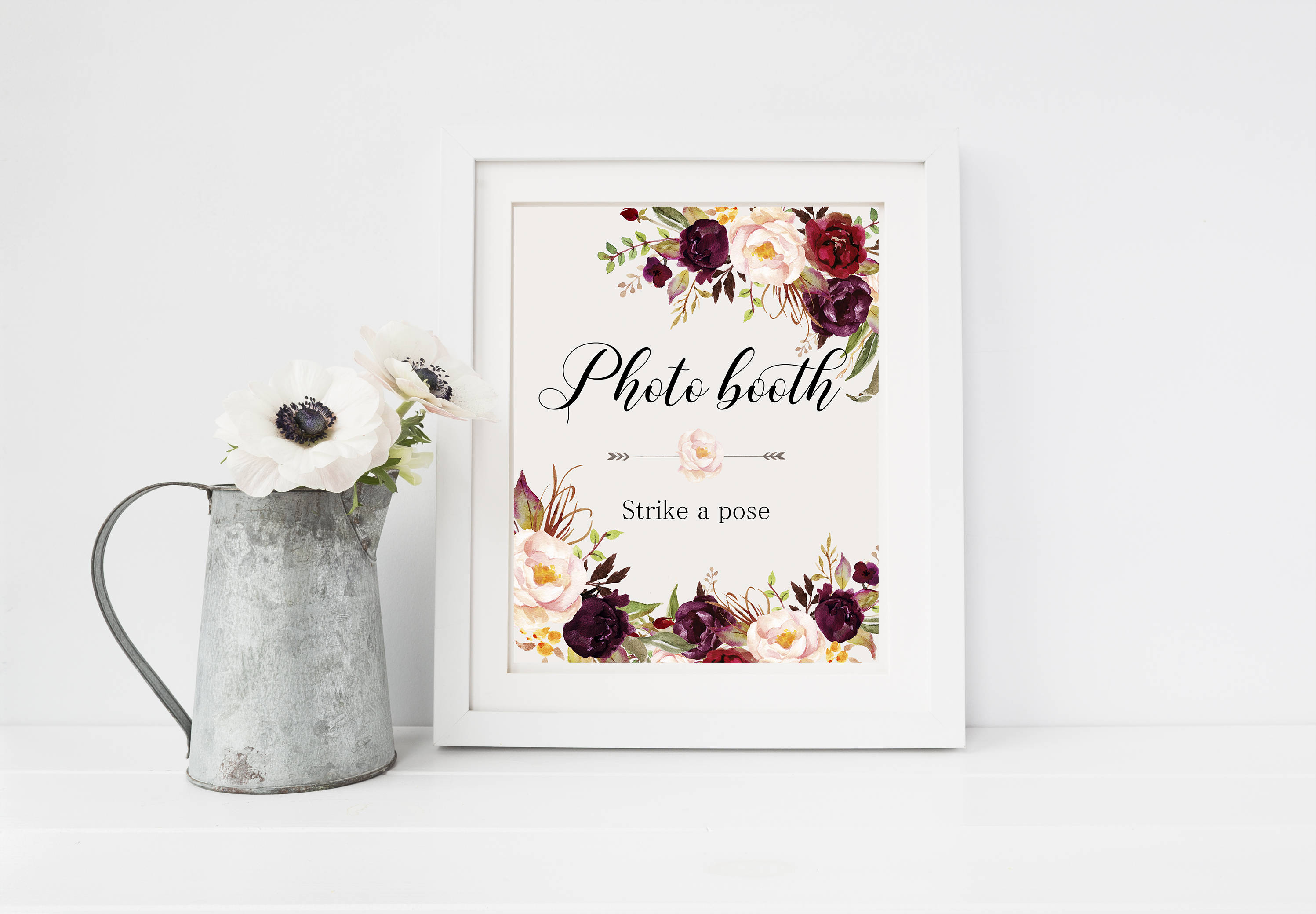 Photo Booth Wedding Sign Digital Floral Marsala Burgundy Peonies ...