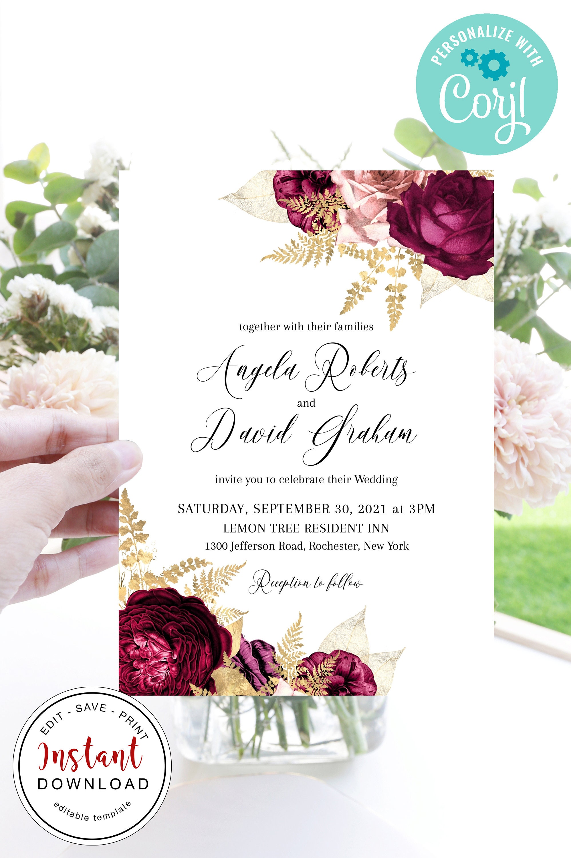 Burgundy Gold Wedding Invitation Template, Editable Wedding Invitation ...