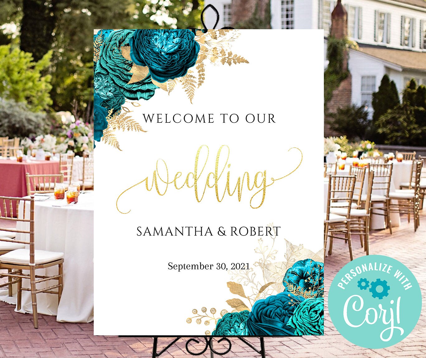 Welcome Sign, Teal Gold Sign, Teal Gold Decoration, Welcome Wedding ...