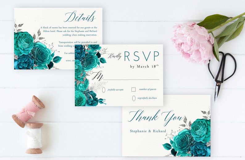Teal Wedding Invitation Teal Silver Printable Floral Invite - Etsy