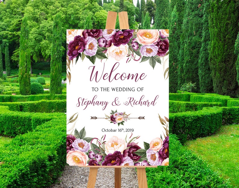 Welcome Wedding Signpurple Violet Peach Boho Peonies Welcome | Etsy