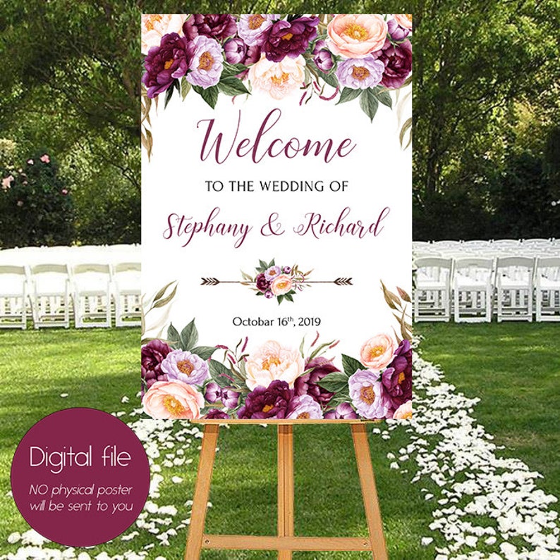 Welcome Wedding Signpurple Violet Peach Boho Peonies Welcome | Etsy