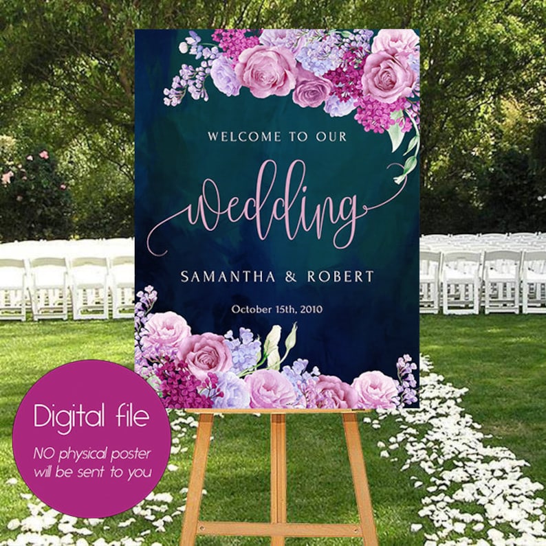 Welcome Wedding Signpurple Pink Blush Violet Rosesdigital - Etsy