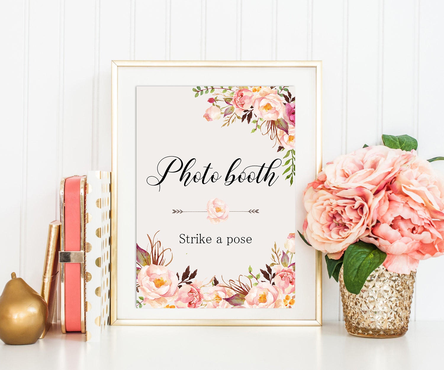 Photo booth Wedding Sign Digital Floral Sign Blush Peonies | Etsy