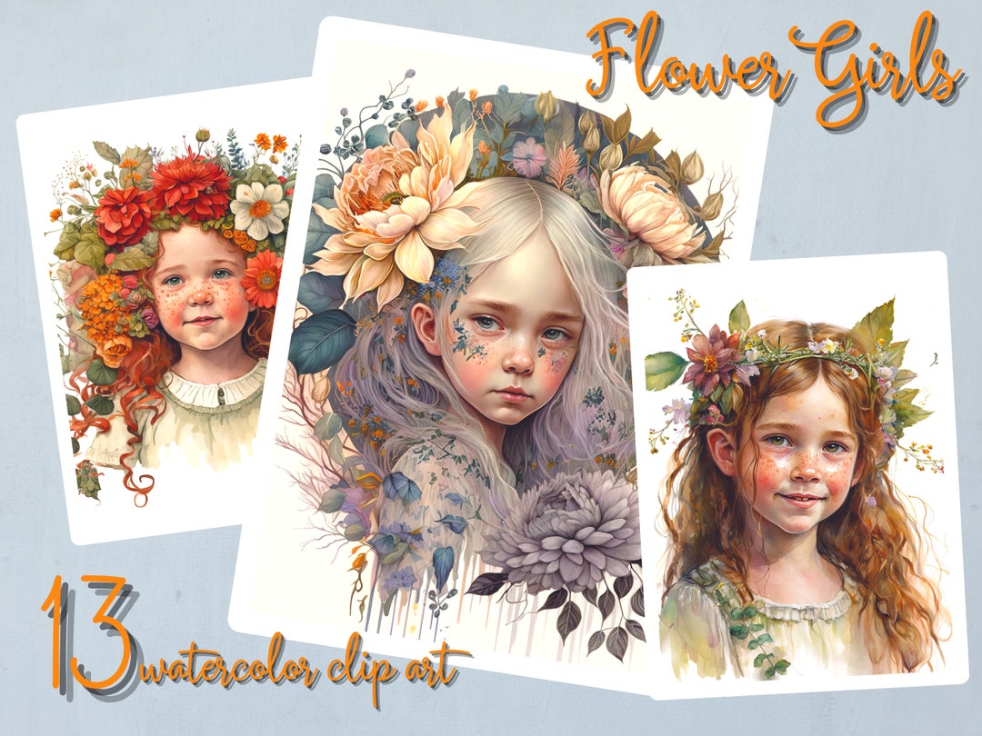 Floral Girls Watercolor Illustrations, Cute Girls Clip Art, Floral ...