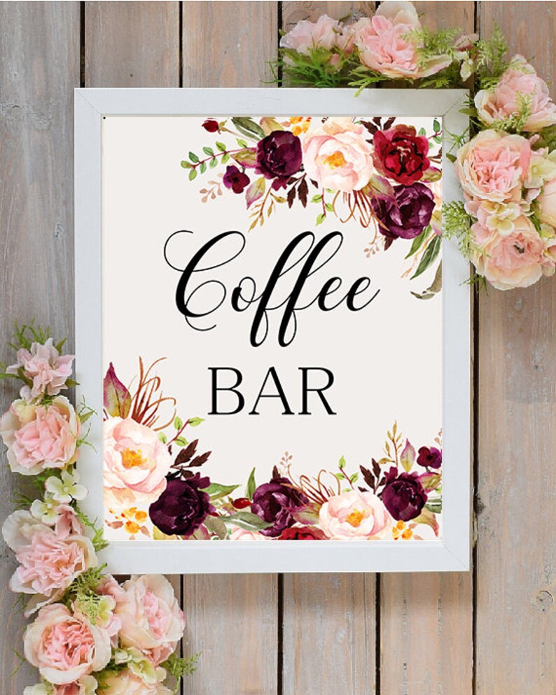 Coffee Bar Wedding Sign Digital Floral Marsala Burgundy - Etsy