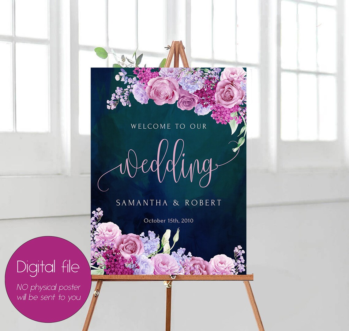 Welcome Wedding Signpurple Pink Blush Violet Rosesdigital | Etsy