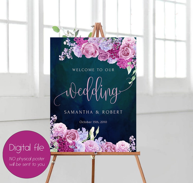 Welcome Wedding Signpurple Pink Blush Violet Rosesdigital - Etsy