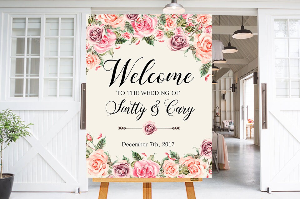 Wedding Welcome Sign Blush Pink Roses Floral Boho Digital | Etsy