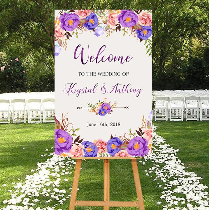 Wedding Welcome Sign Purple Violet Lavender Peonies Floral - Etsy